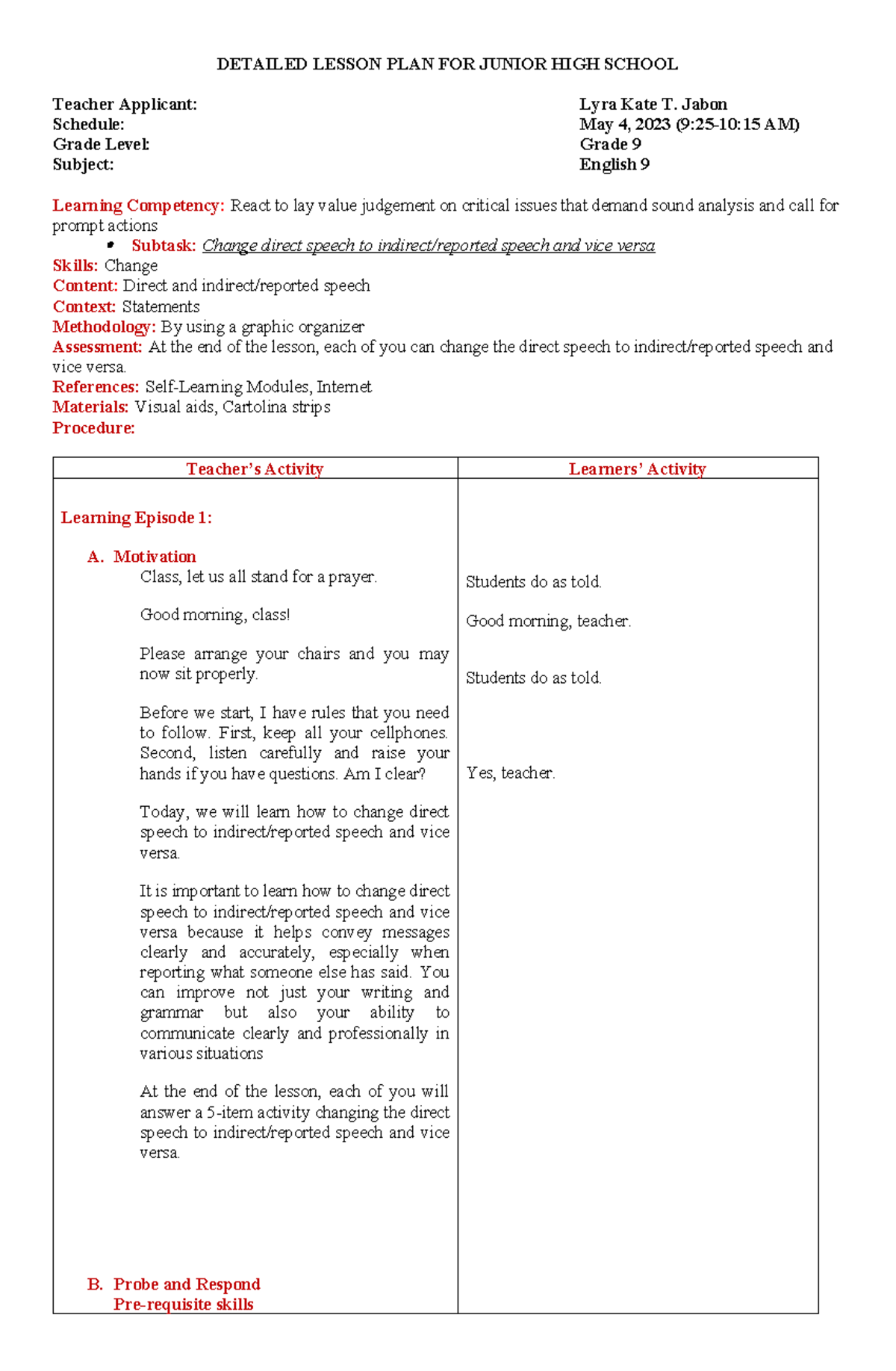 DLP - G9 - Lesson Plan: Changing Direct Speech to Reported Speech - Studocu
