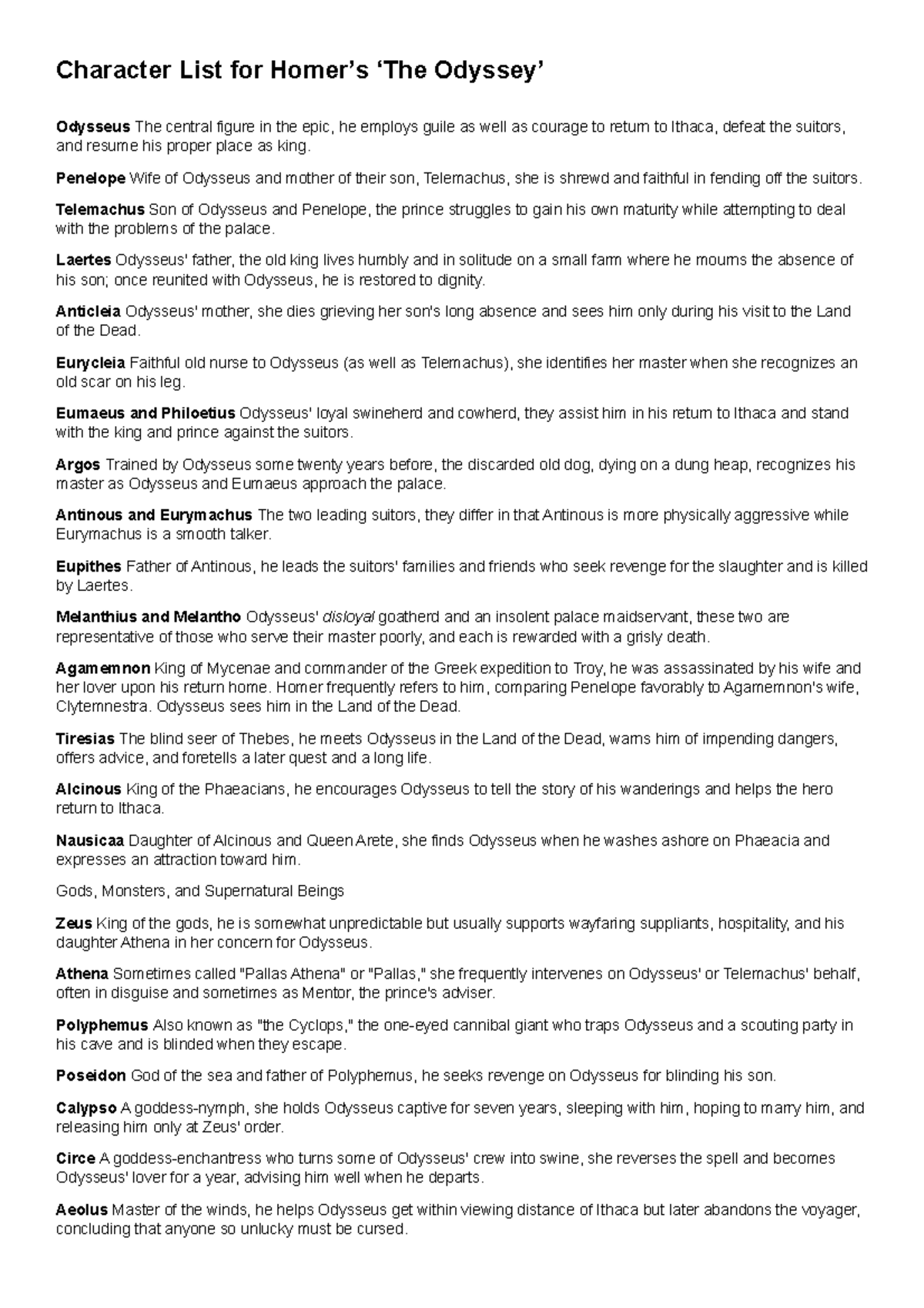 Character List for Homer’s 'The Odyssey': Key Characters and Their ...