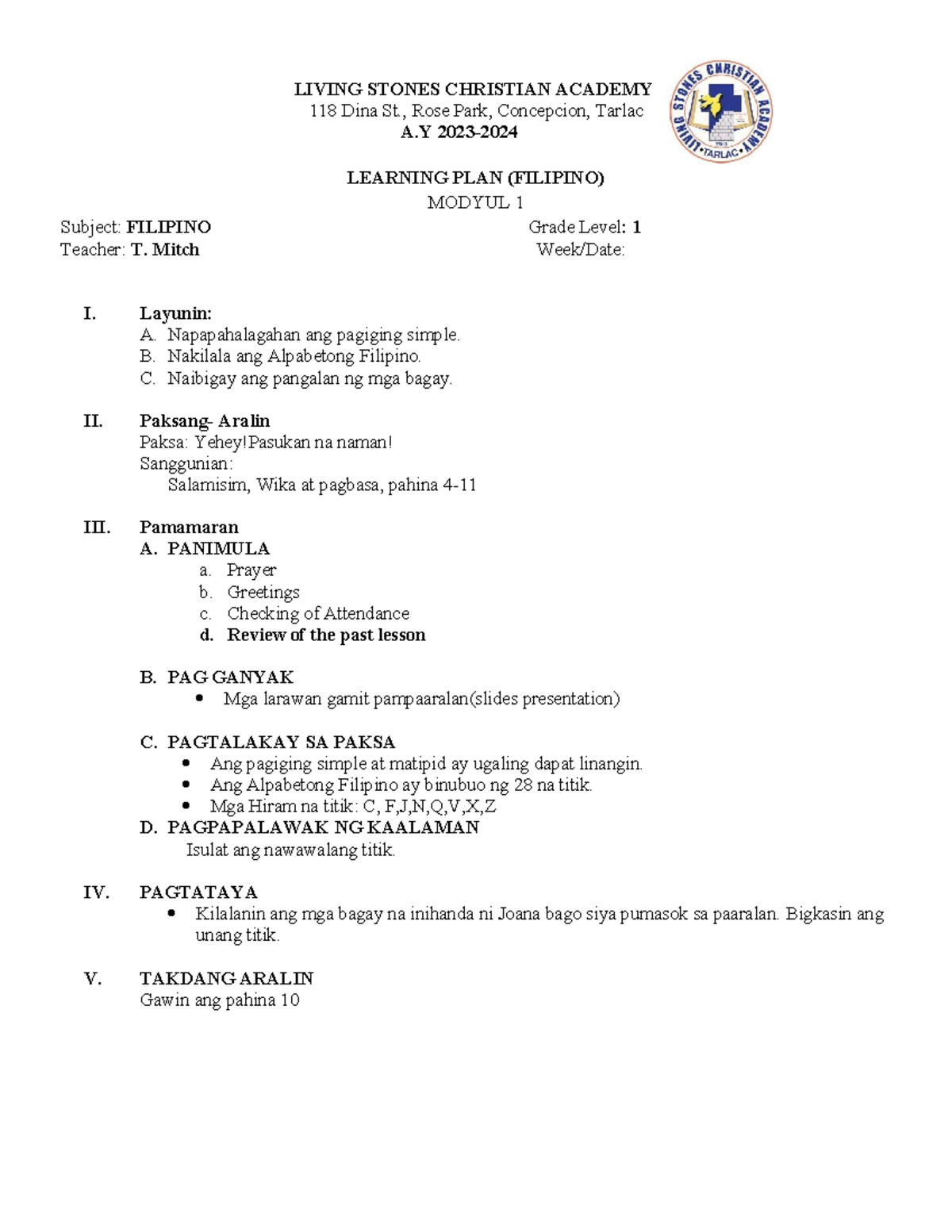 Filipino Lesson Plans for Grade 1 Modules 1-5: A.Y. 2023 - Studocu