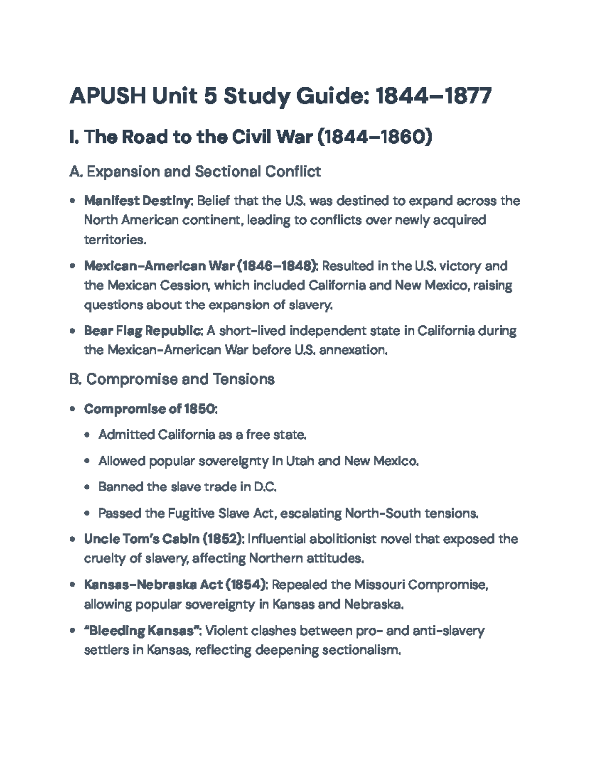 APUSH Unit 5 Study Guide: The Civil War & Reconstruction Era (1844–1877 ...