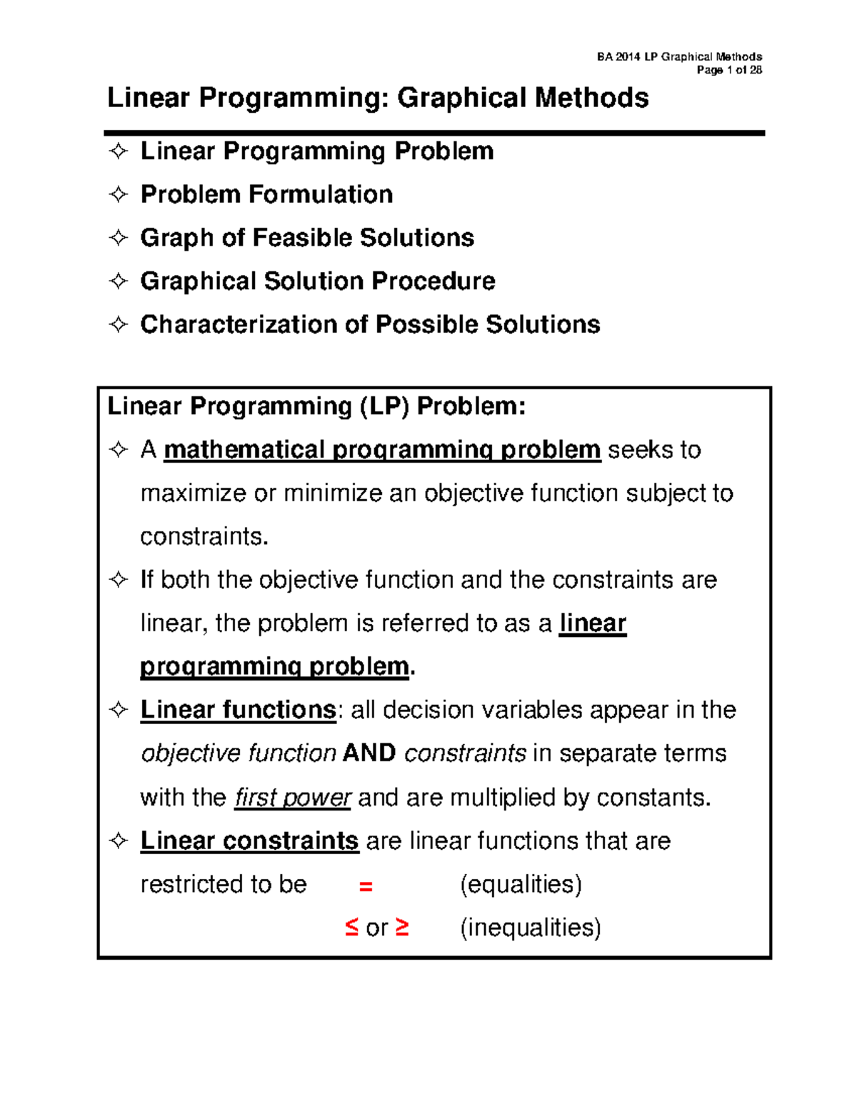 BA 2014 LP Graphical Methods: Linear Programming Solutions and ...