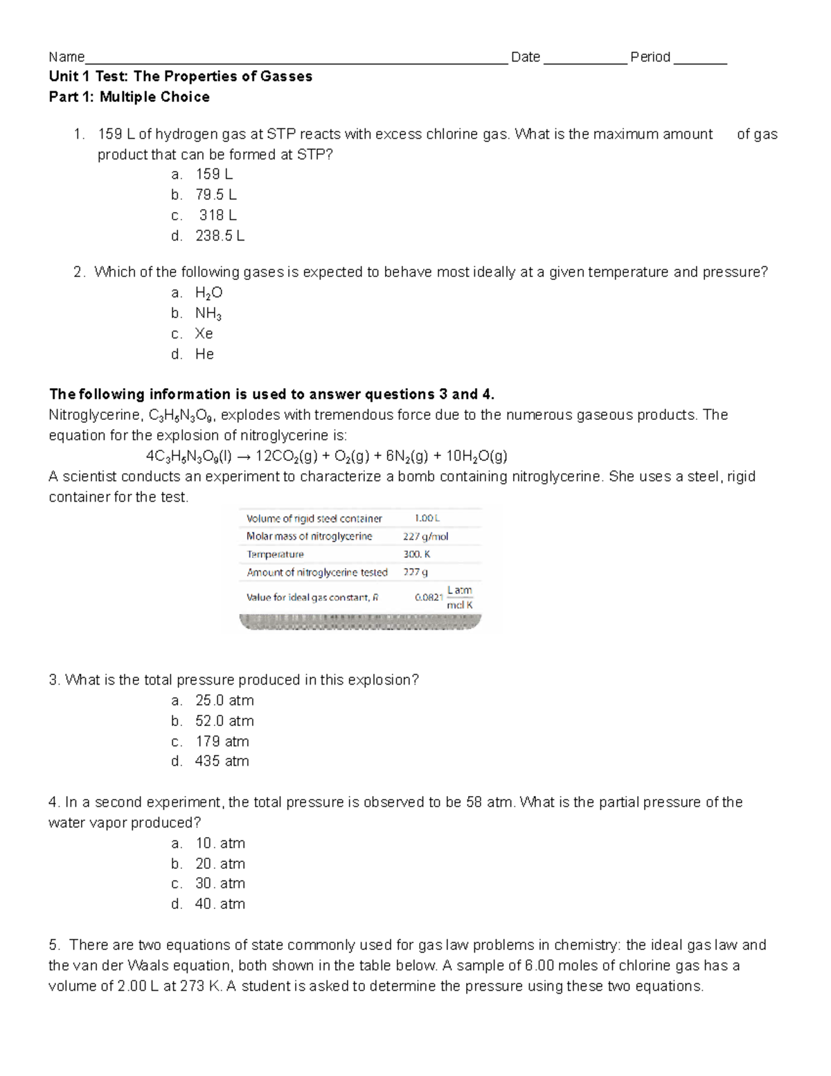 Unit 1 test - Gases and gas properties unit test - - Studocu