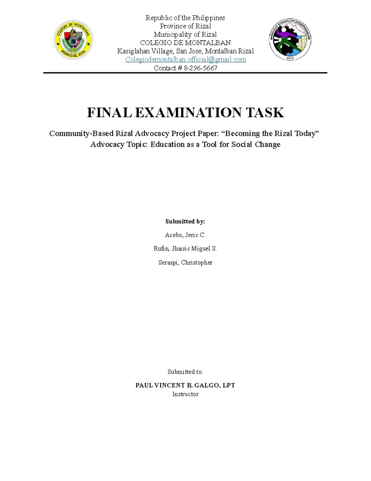 Rizal Advocacy Project Paper: Education as a Tool for Social Change ...