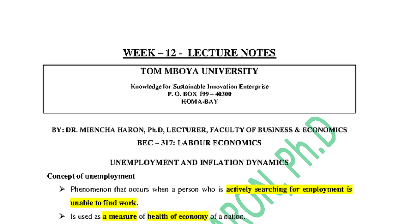 BEC 317: Week 12 Lecture Notes on Unemployment & Inflation Dynamics ...