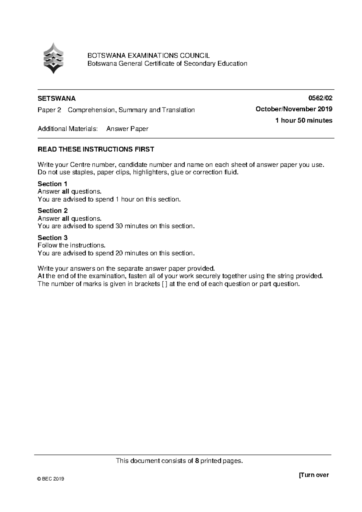Setswana 0562/02 Paper 2: Comprehension, Summary & Translation Exam ...