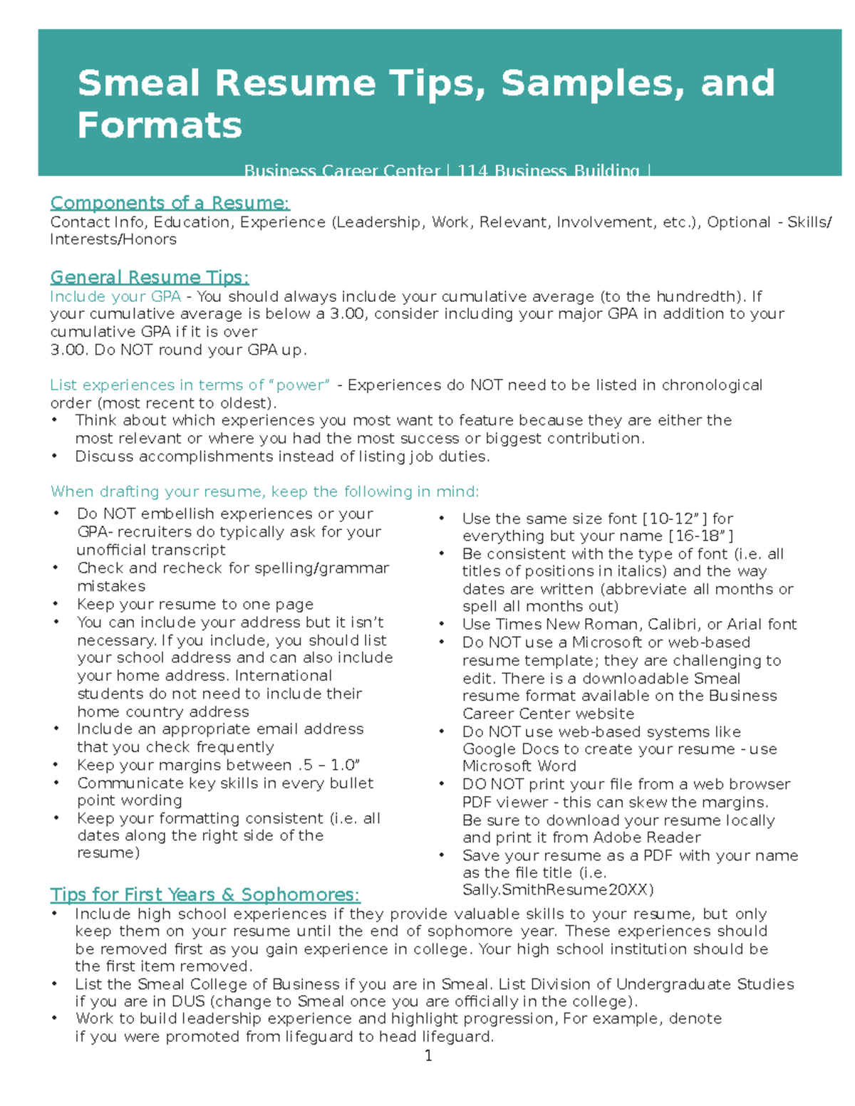 Resume-Packet-3 - Resume Prep - 1 Smeal Resume Tips, Samples, and ...