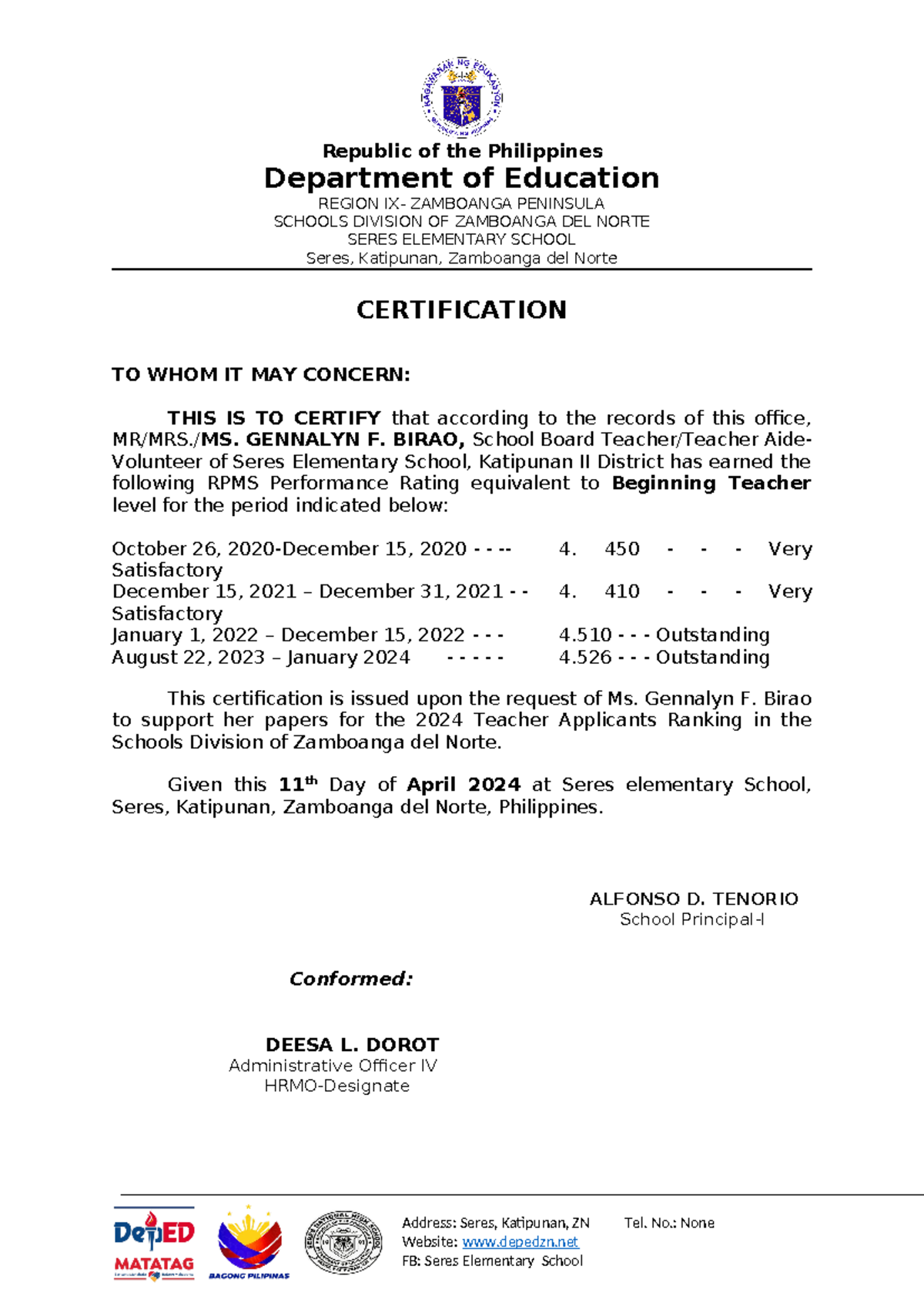Certification of Performance Rating for Teacher Aide (RPMS) - Studocu