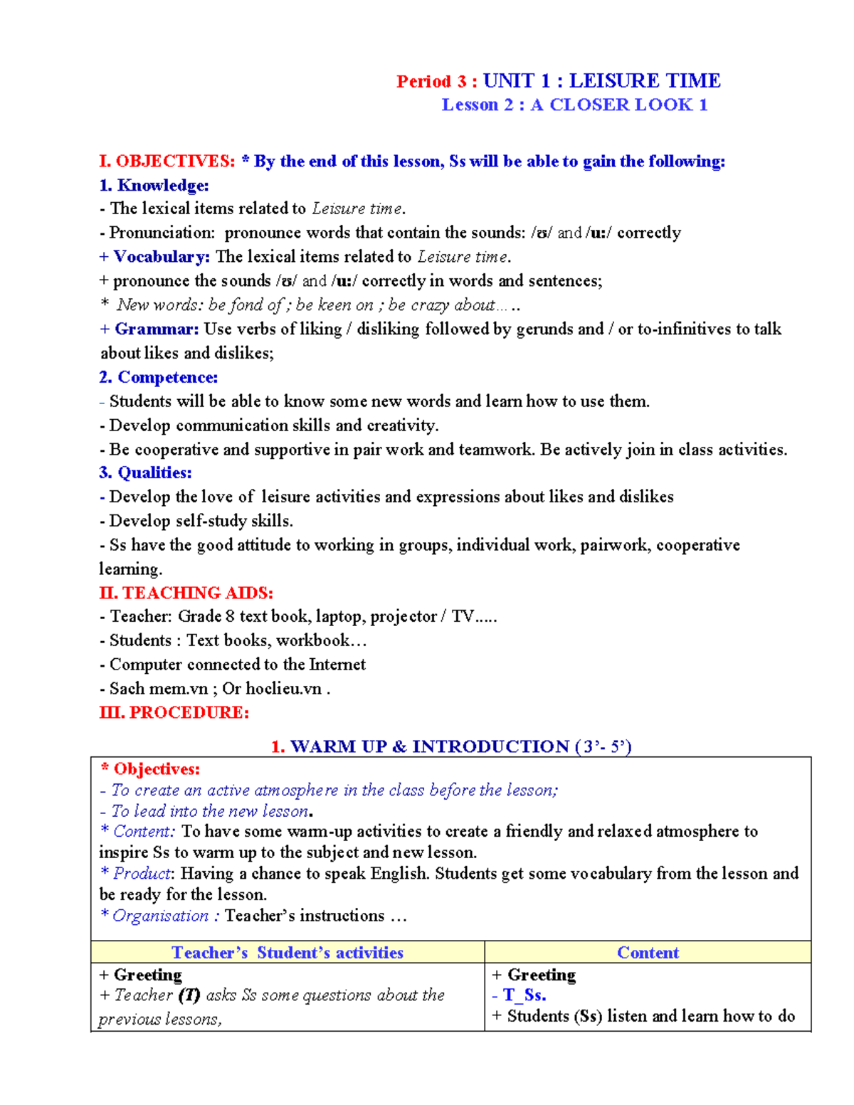Unit 1 - Lesson 2: A Closer Look at Leisure Time Activities - Studocu