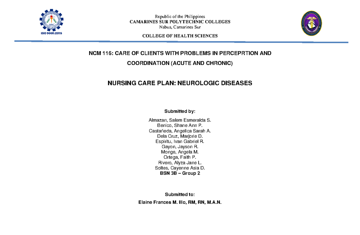 NCM 116: Nursing Care Plan for Neurologic Diseases and Disorders - Studocu