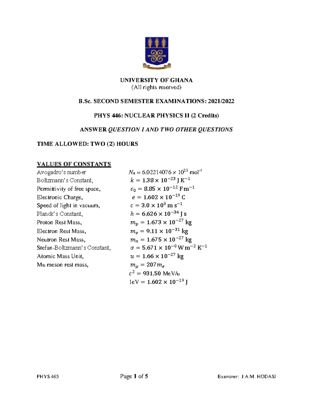 PHYS 446: B.Sc. 2nd Sem. Exam - Nuclear Physics II (2021-2022) - Studocu