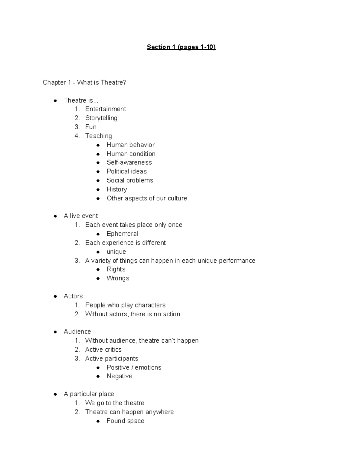 Theater Appreciation Notes - Section 1 (pages 1-10) Chapter 1 - What is ...