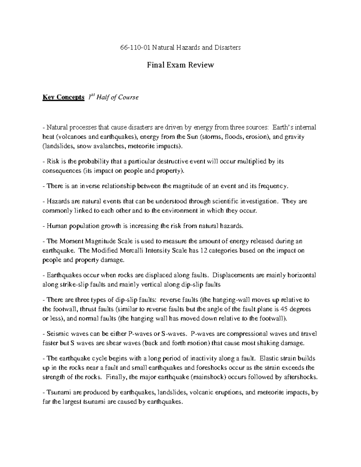 Natural Hazards and Disasters (NH&D 101) Final Exam Study Guide - Studocu