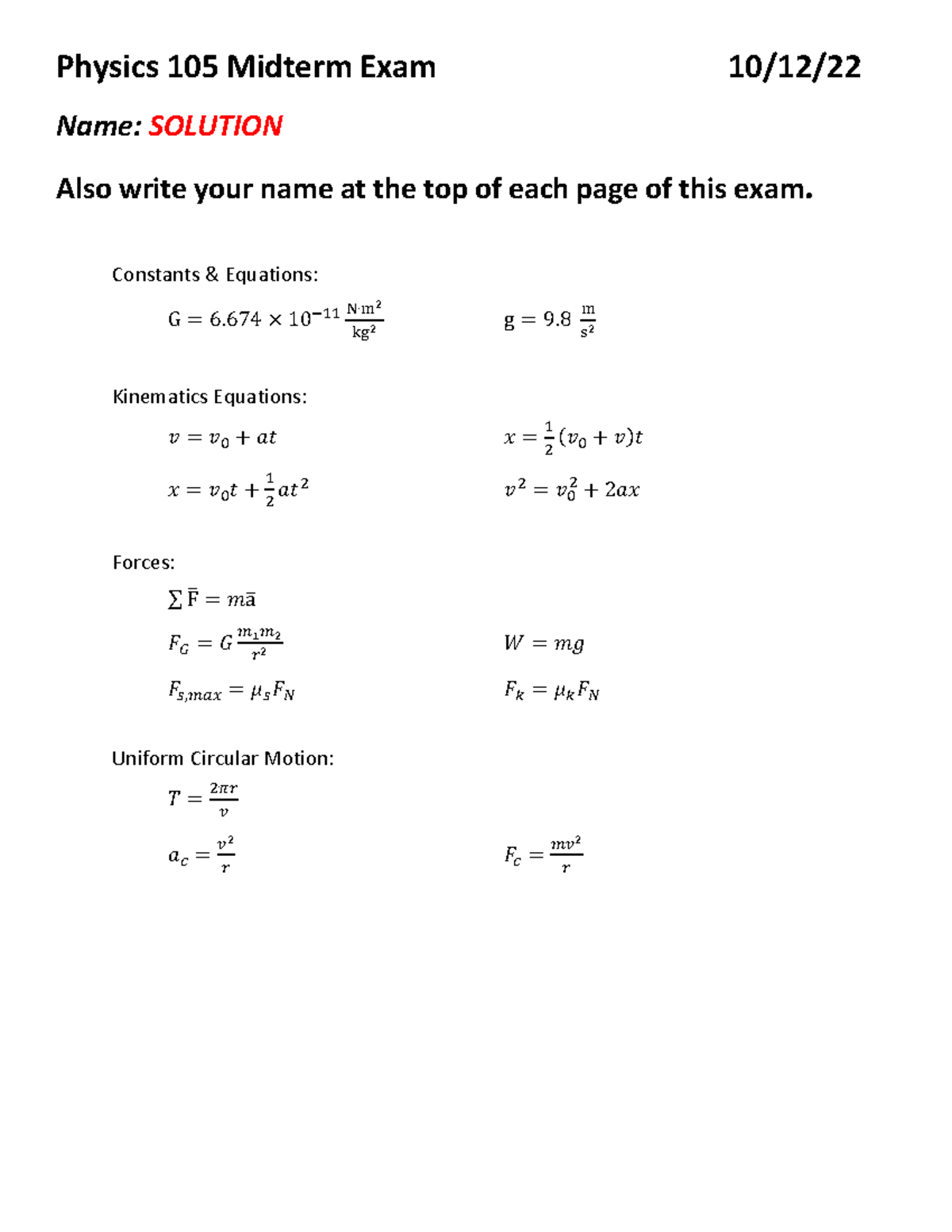 Physics 105 Midterm Exam Solutions - Fall 2022 - Studocu
