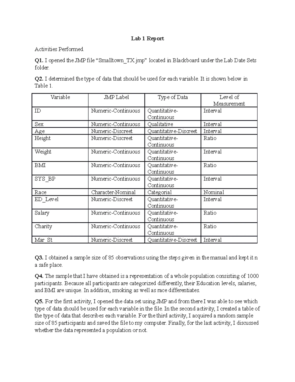 Lab 6 Report (Stats) - Lab 6 Report 1(a): ID- Based on the graph of ...