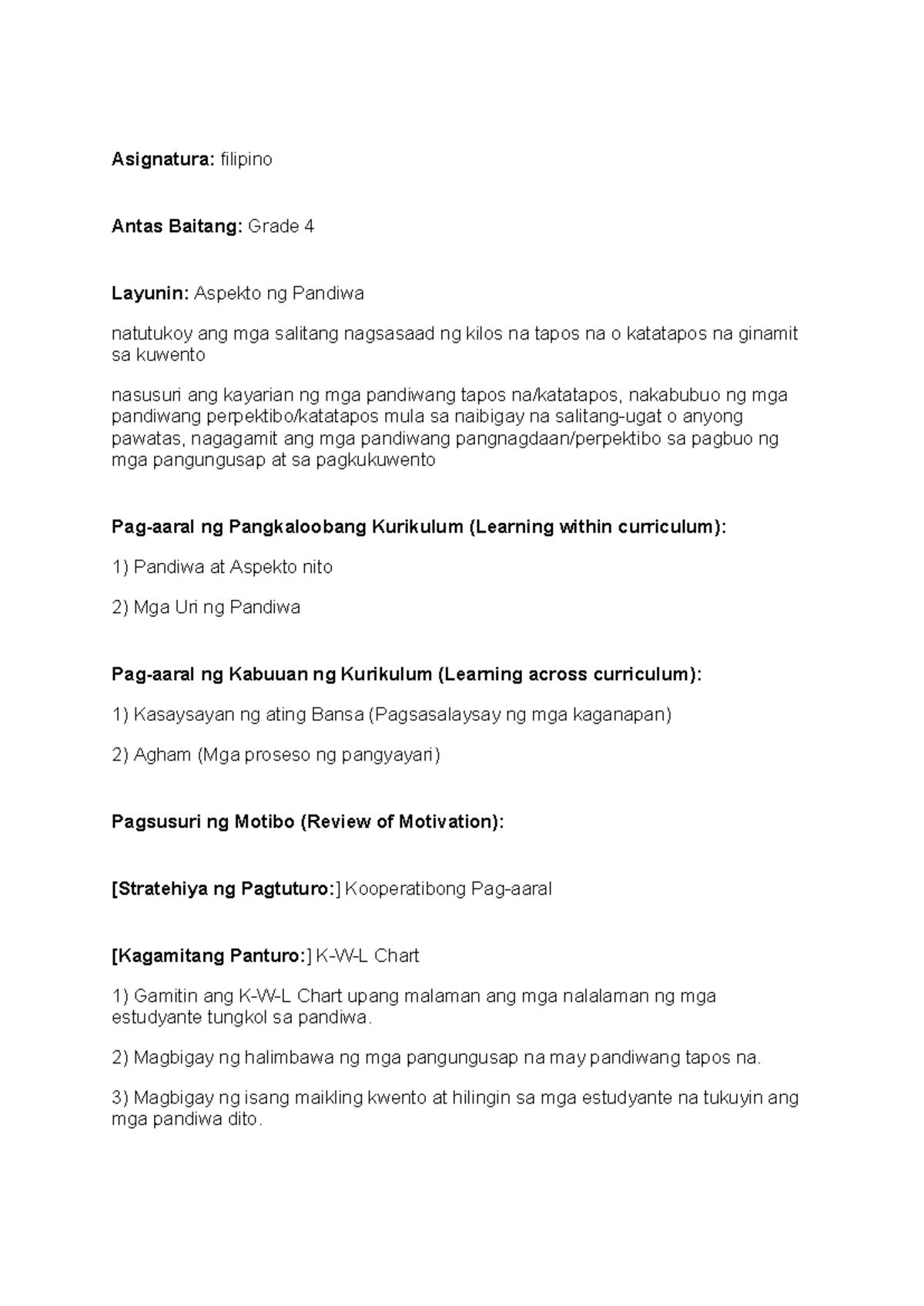 Grade 4 Filipino Lesson Plan: Aspekto ng Pandiwa at Kilos - Studocu