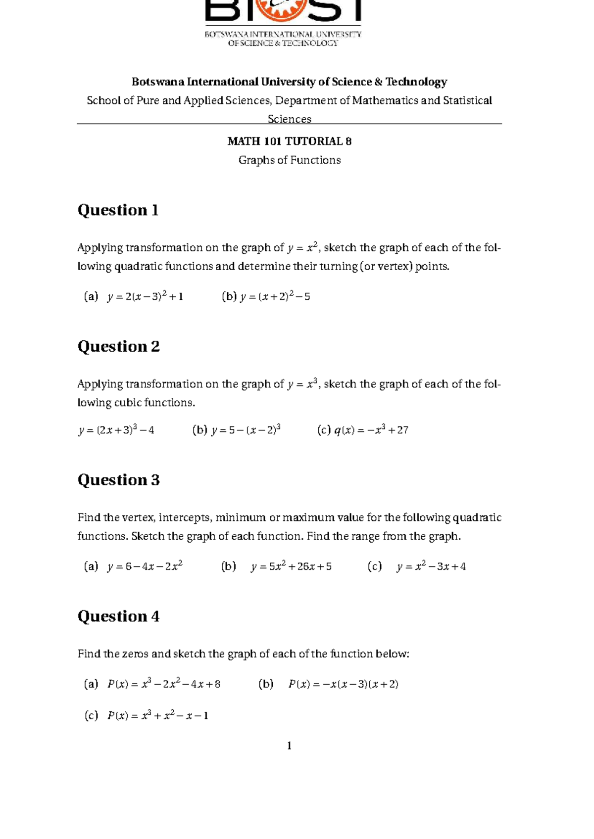 MATH 101 Tutorial 8: Graphs of Functions & Transformations - Studocu