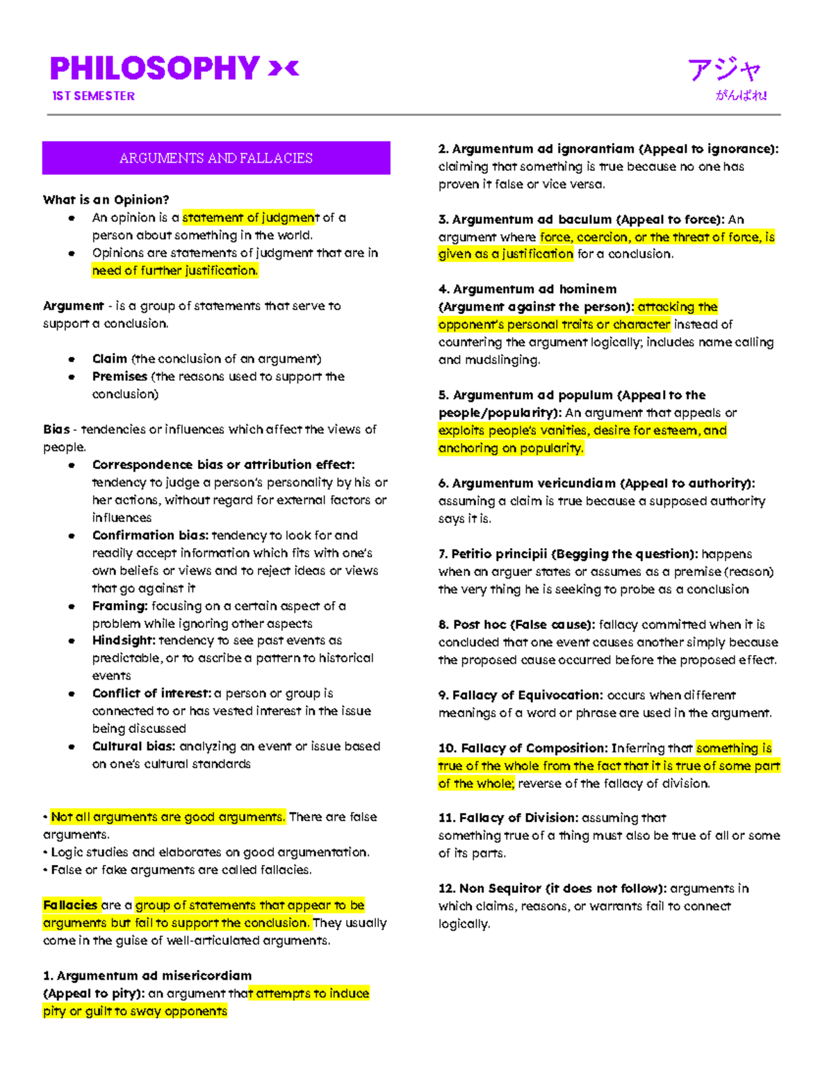 PHILOSOPHY 1ST SEMESTER REVIEWER NOTES ON ARGUMENTS AND FALLACIES - Studocu