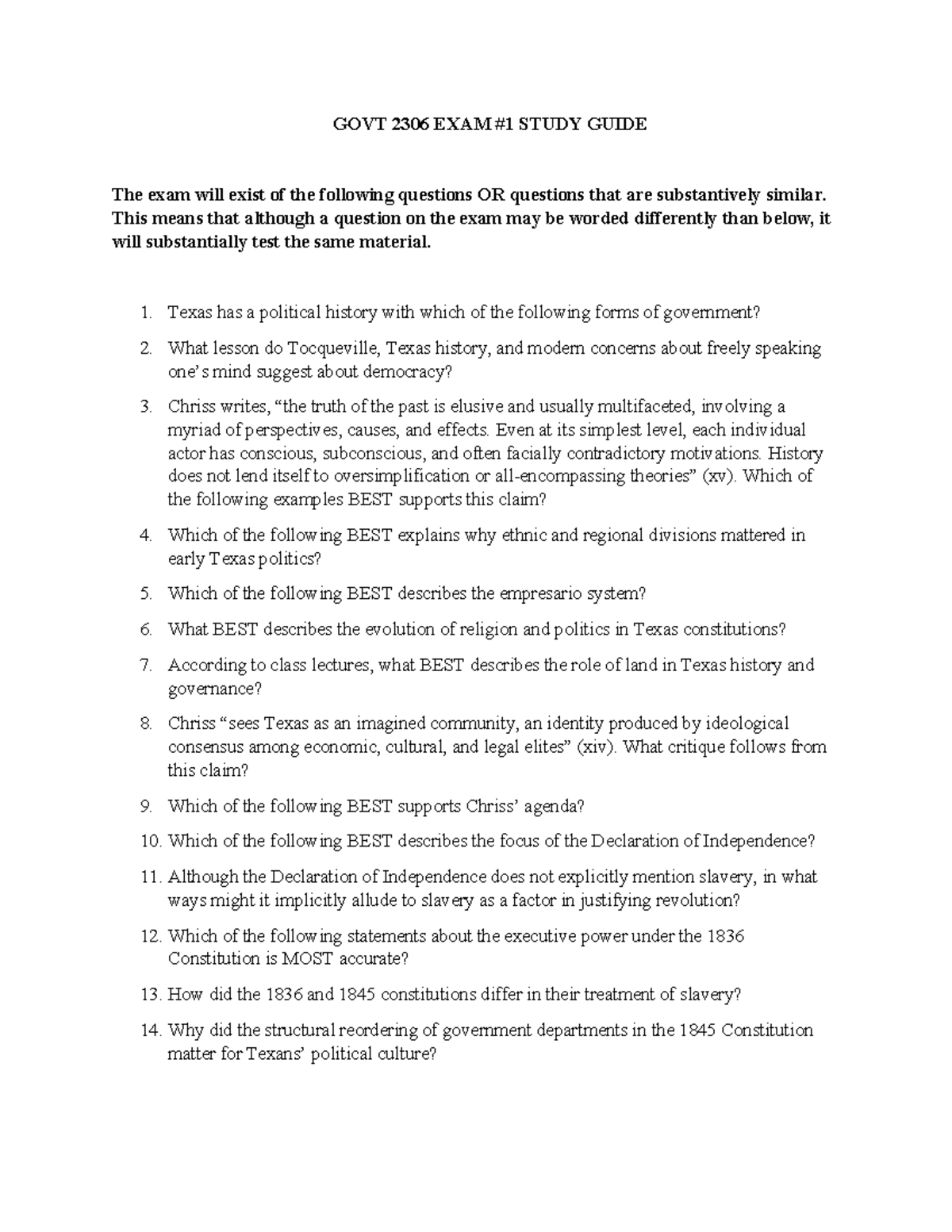GOVT 2306 EXAM #1 STUDY GUIDE: Key Questions & Concepts - Studocu