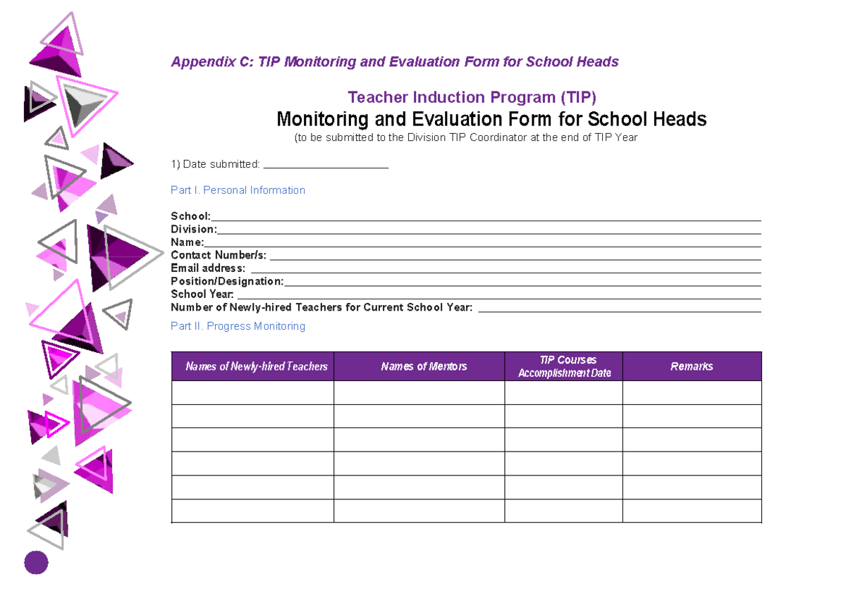 TIP Monitoring & Evaluation Form for School Heads (Appendix C) - Studocu