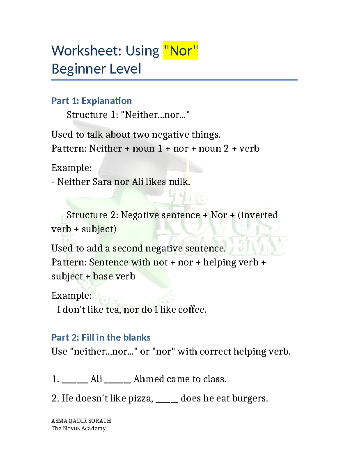 Worksheet: Beginner Level Nor Structure Exercises - Studocu