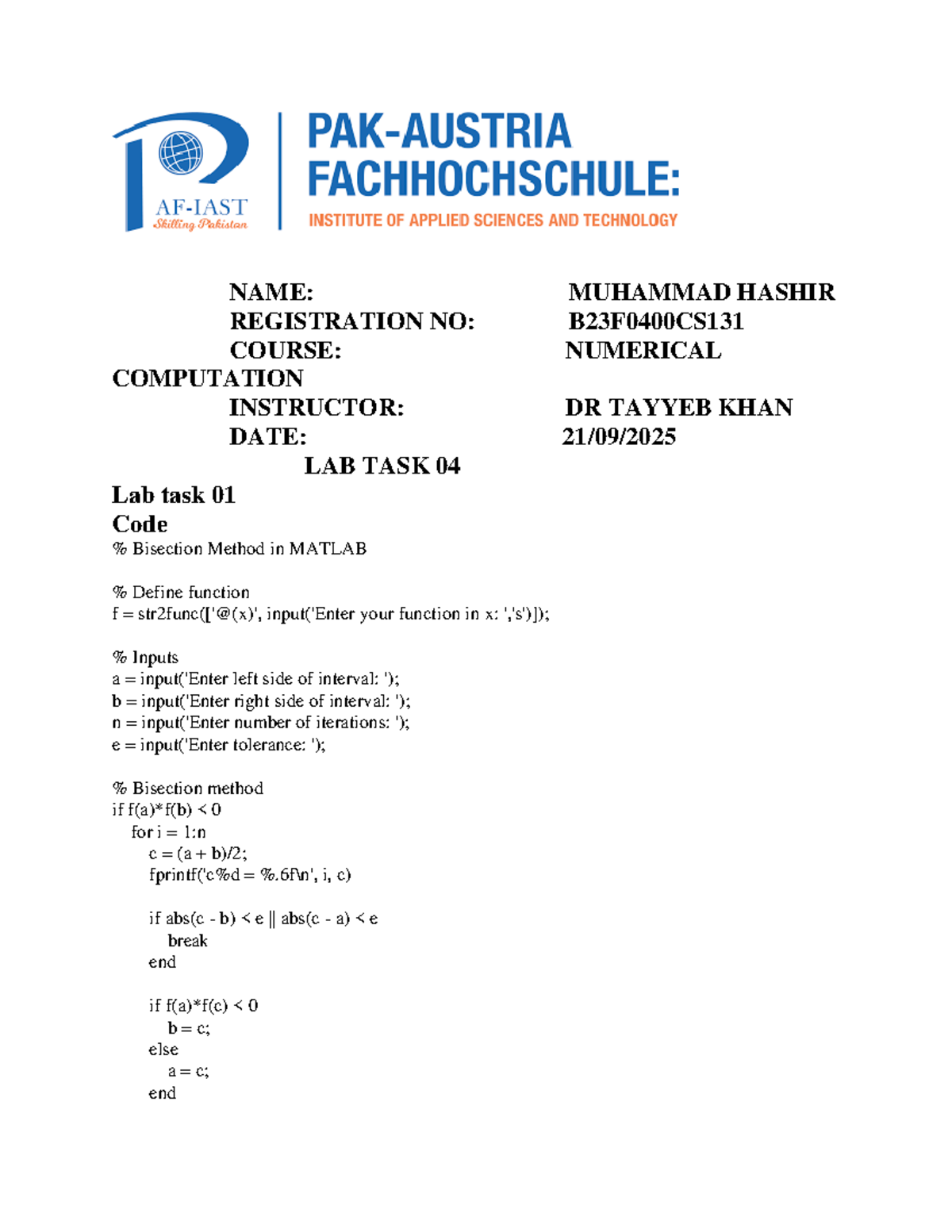 Lab Task 04: Bisection Method in MATLAB for Numerical Analysis - Studocu