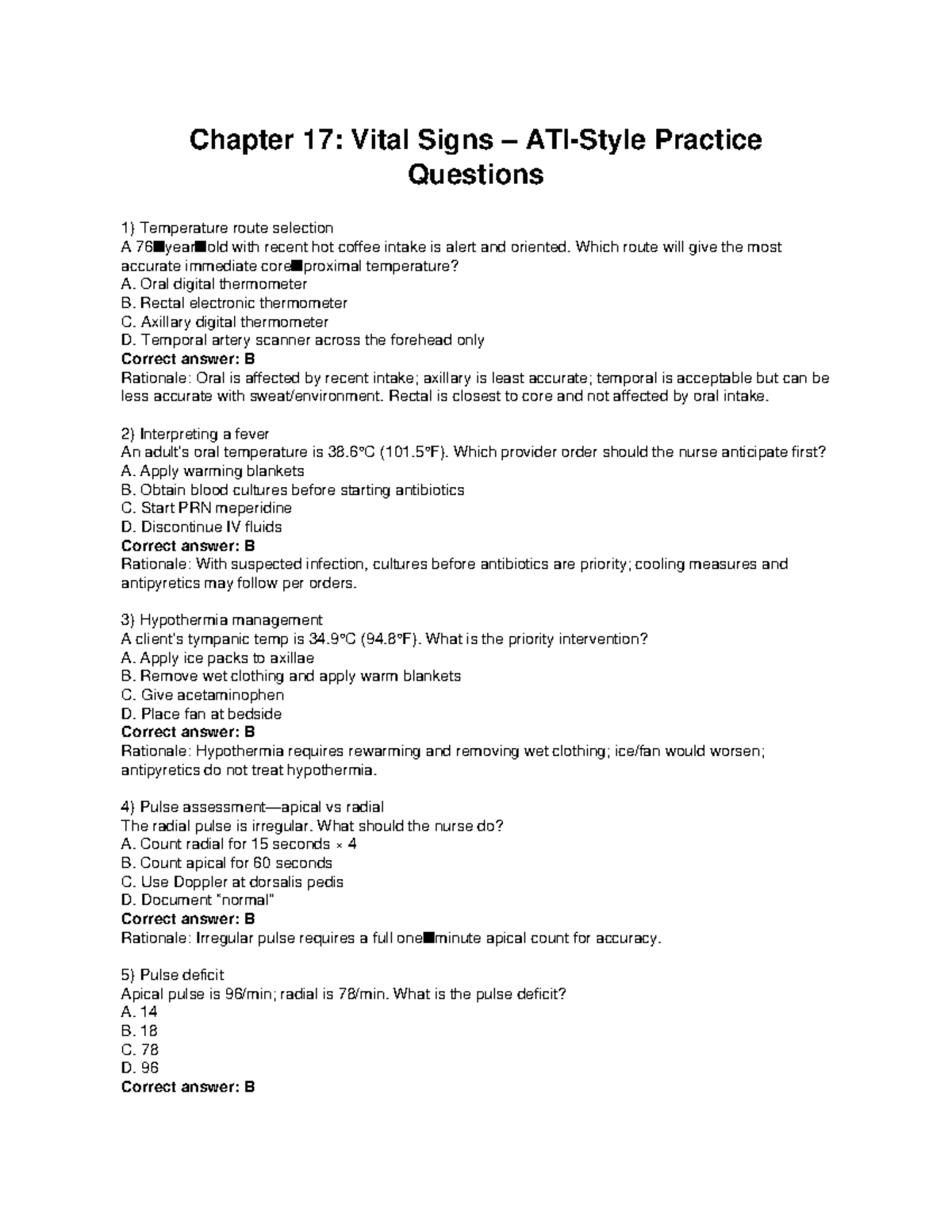 Chapter 17: Vital Signs Practice Questions and Answers - Studocu
