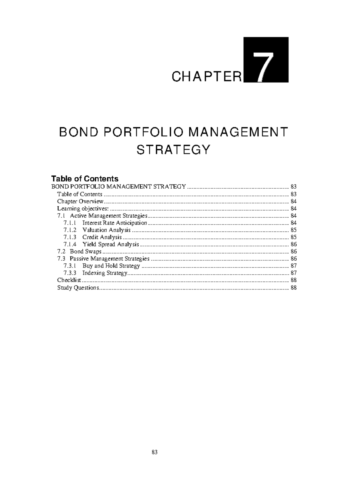 CHAPTER 7 BOND PORTFOLIO MANAGEMENT STRATEGIES Overview and Key ...