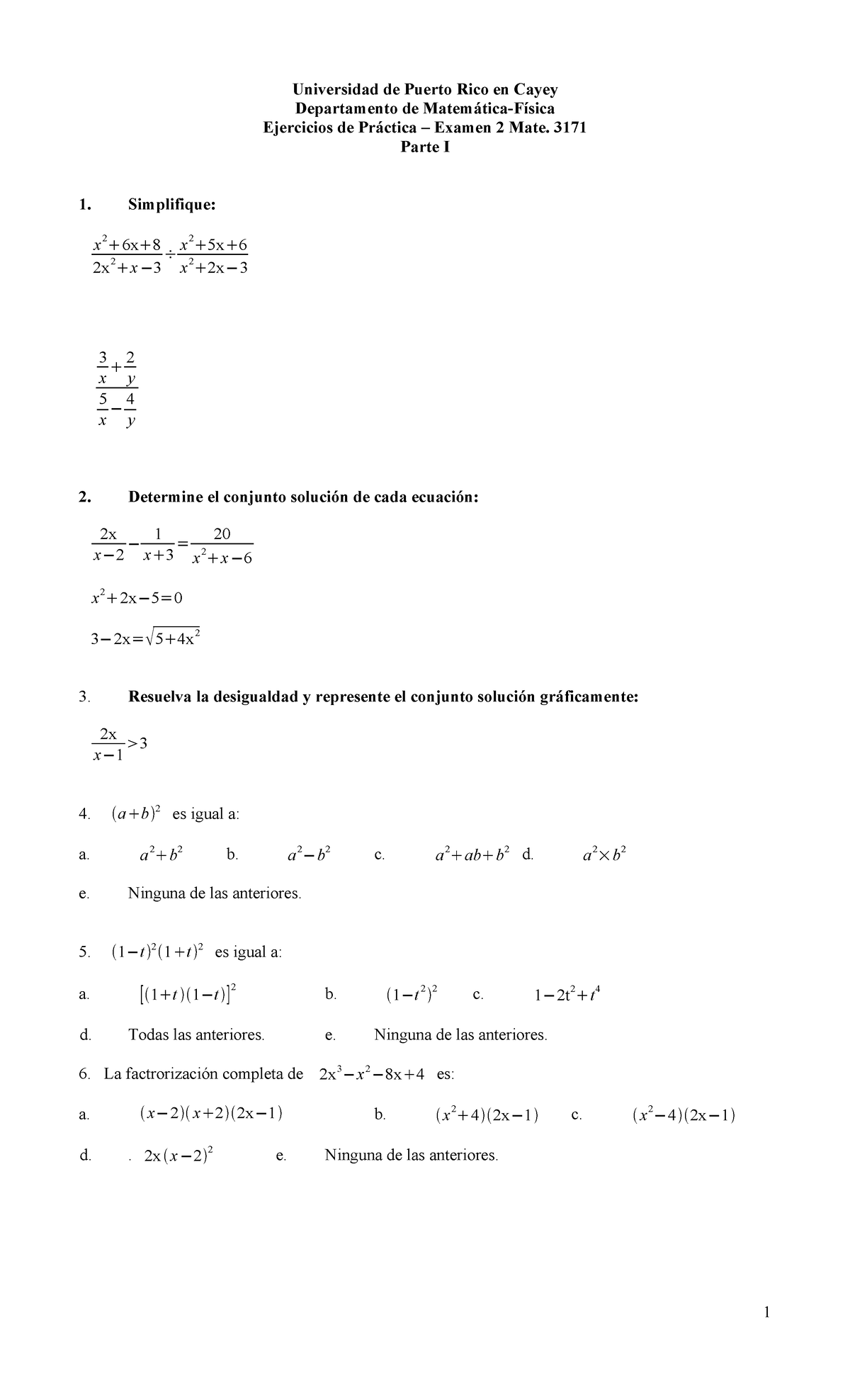 Ejercicios de Practica Examen 2 Precalculo Parte 1 - Universidad de ...
