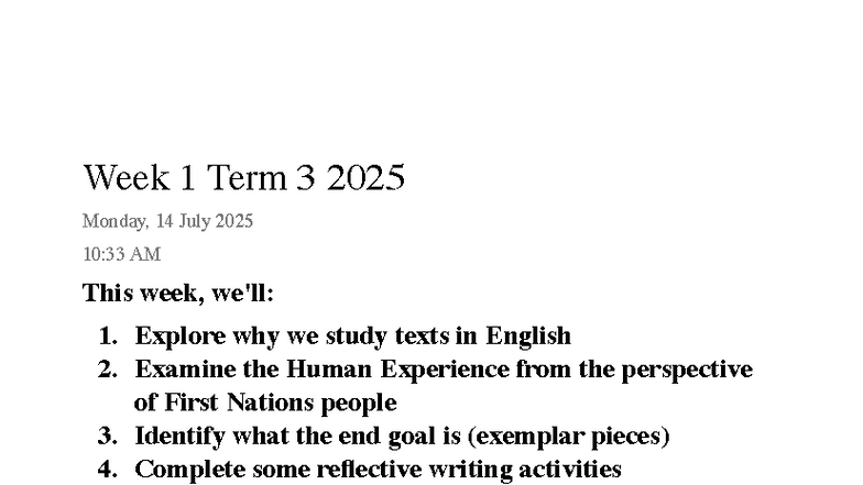 ENG101 Week 1 Term 3 2025: Exploring Texts & Human Experience - Studocu