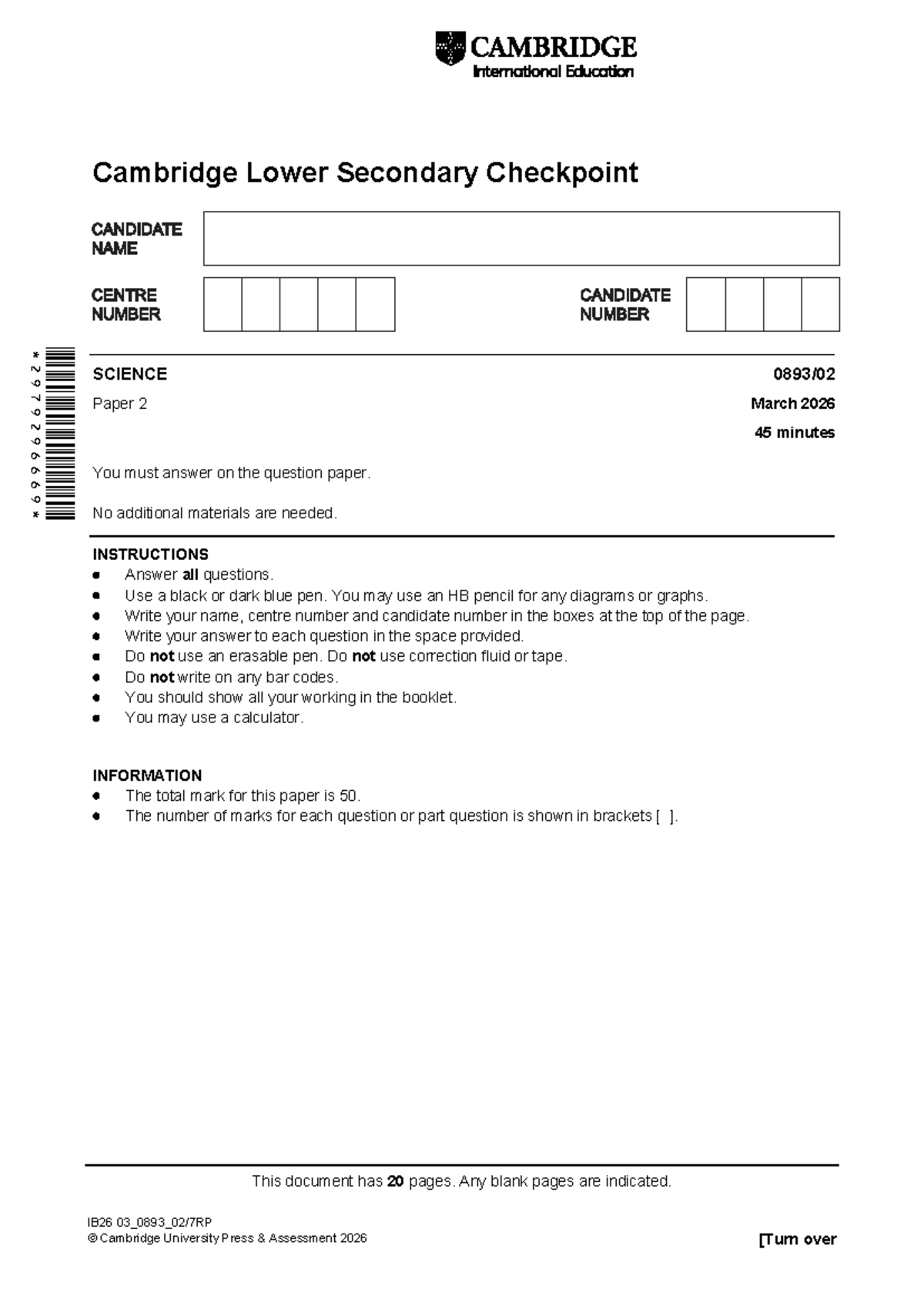 0893 Science Checkpoint Paper 2 March 2026 - 45 Minutes - Studocu