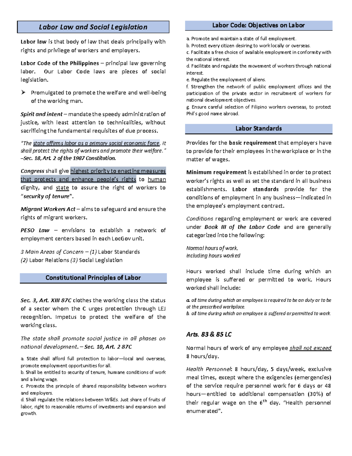 Philippine Labor Law (Labor Code) - Comprehensive Reviewer Notes - Studocu