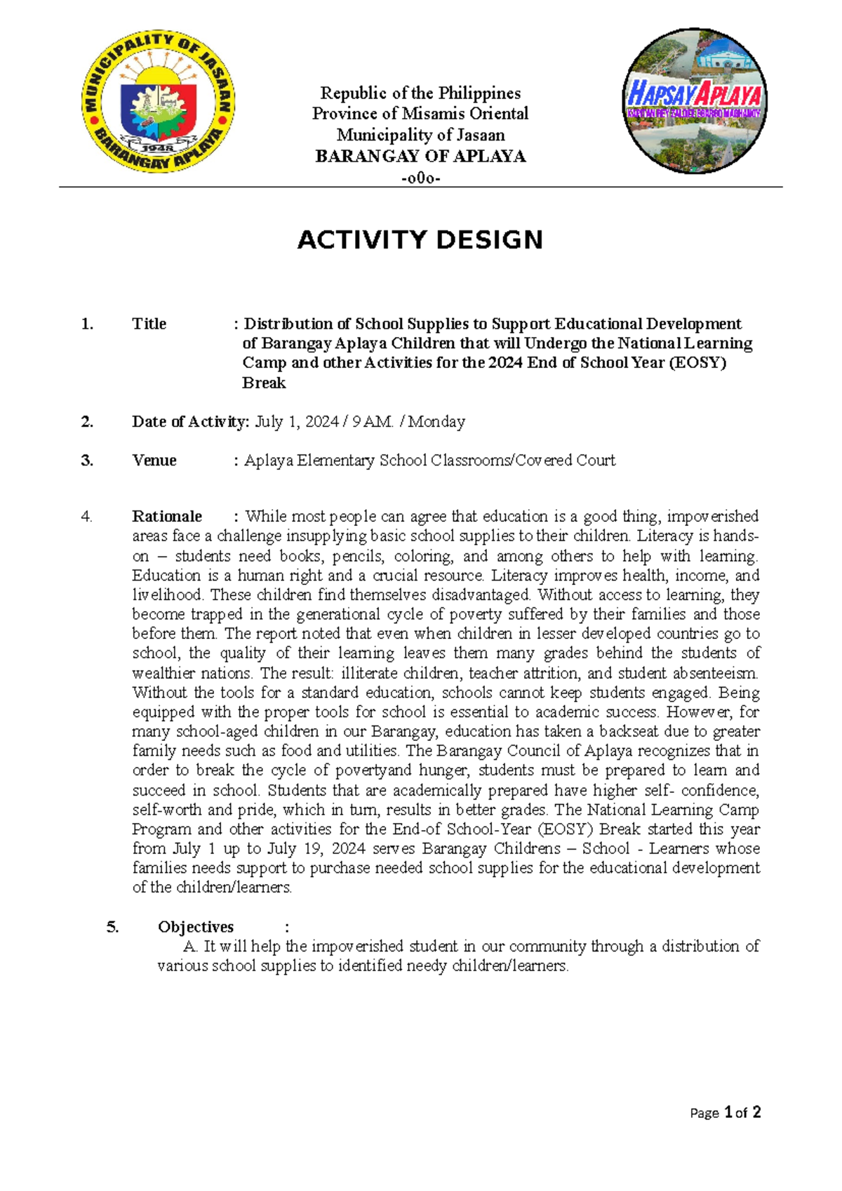 Activity Design for Educational Dev. of Children in Aplaya 2024 - Studocu