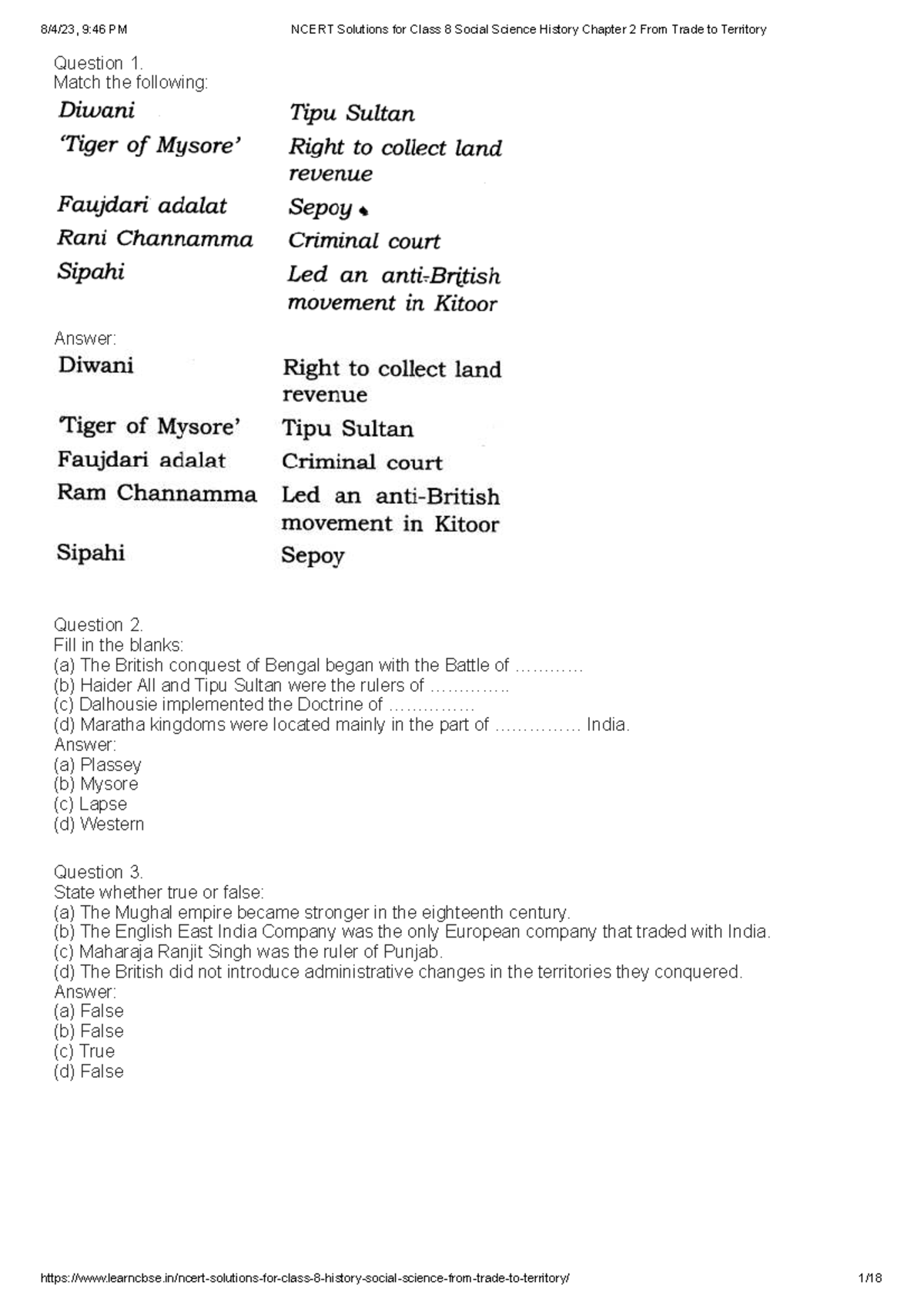 NCERT Solutions for Class 8 Social Science History Chapter 2: From ...