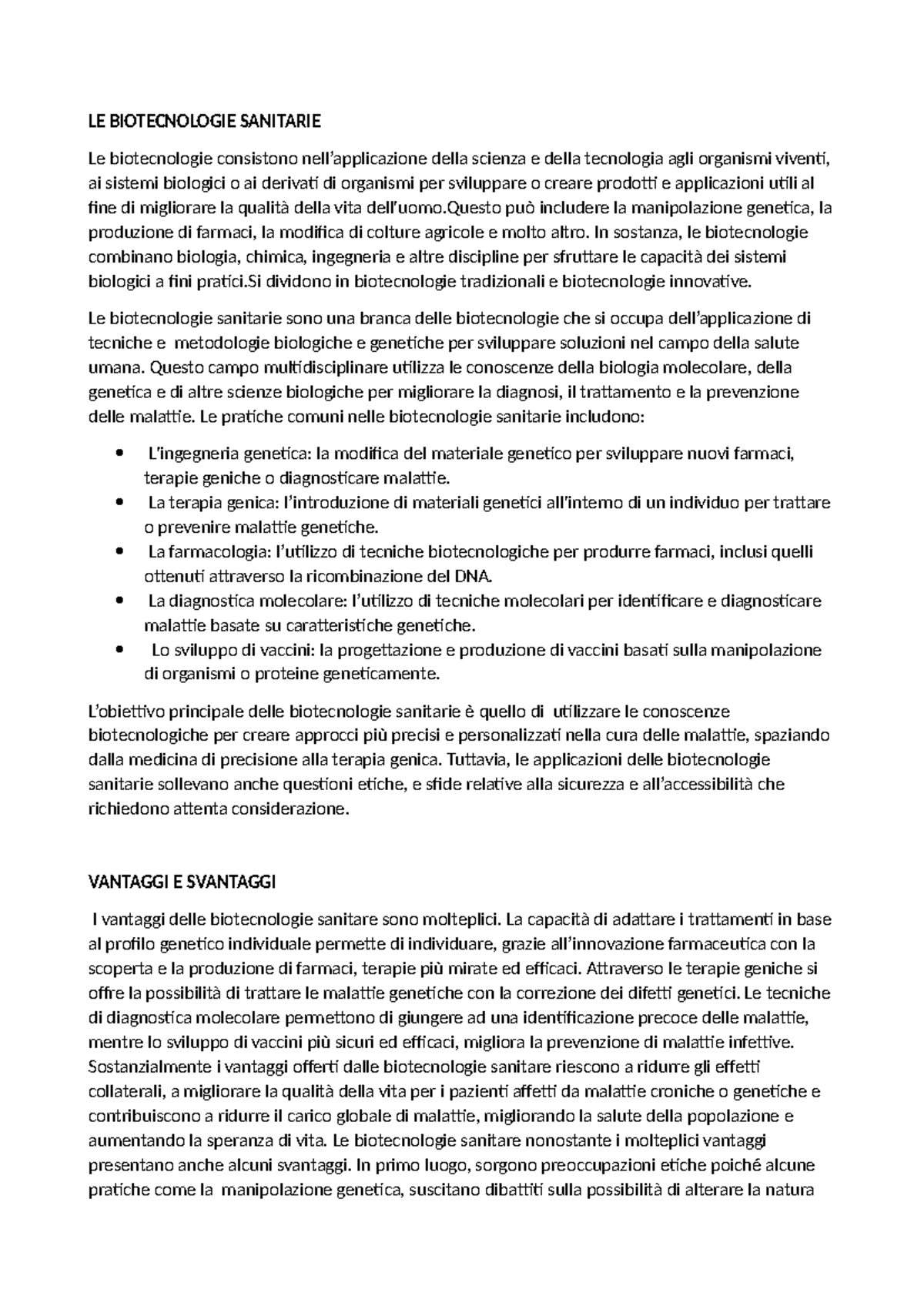 Le Biotecnologie Sanitarie: Vantaggi, Svantaggi e Applicazioni - Studocu