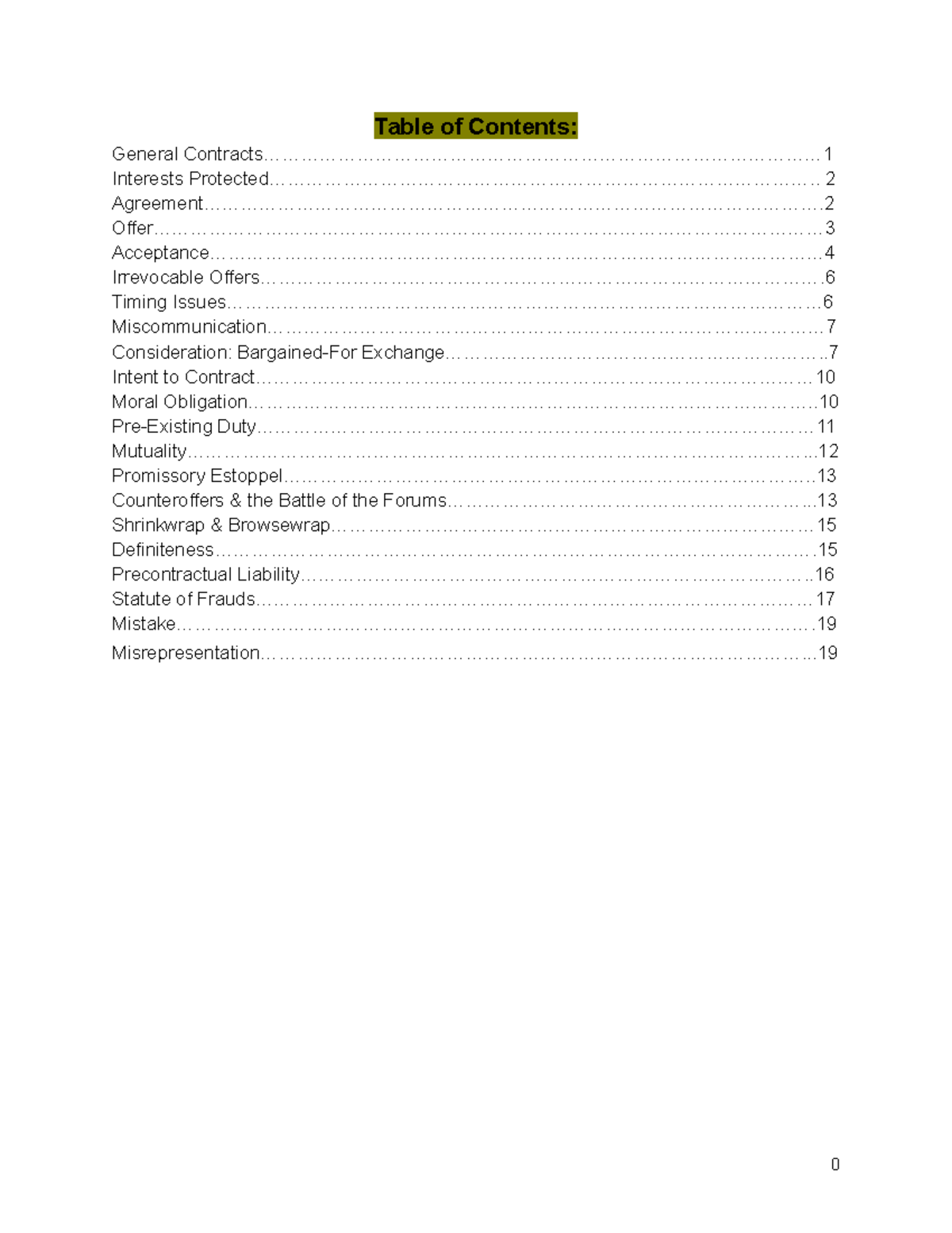 Contracts 1 Outline - Table of Contents: General - Studocu