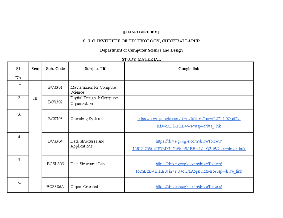 Study Material for BCS Courses at JAI SRI GURUDEV S. J. C. Institute ...
