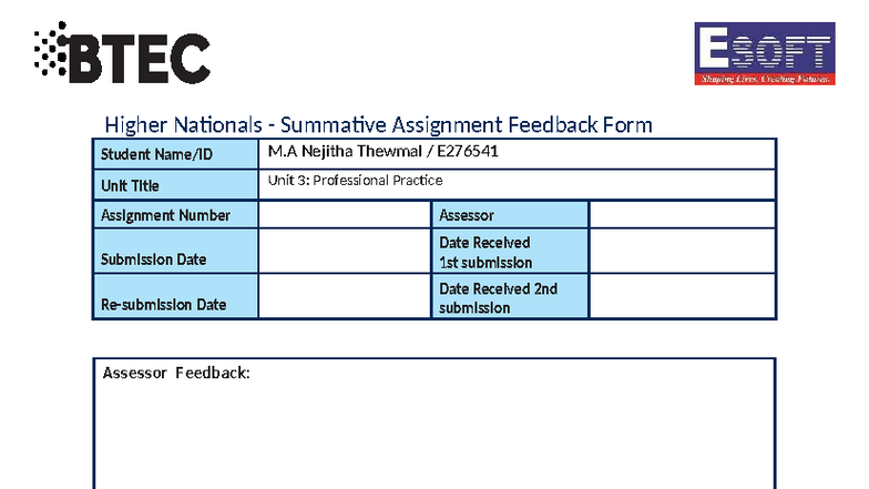 E276541 Unit 3: Professional Practice Assignment Feedback Form 2024 ...
