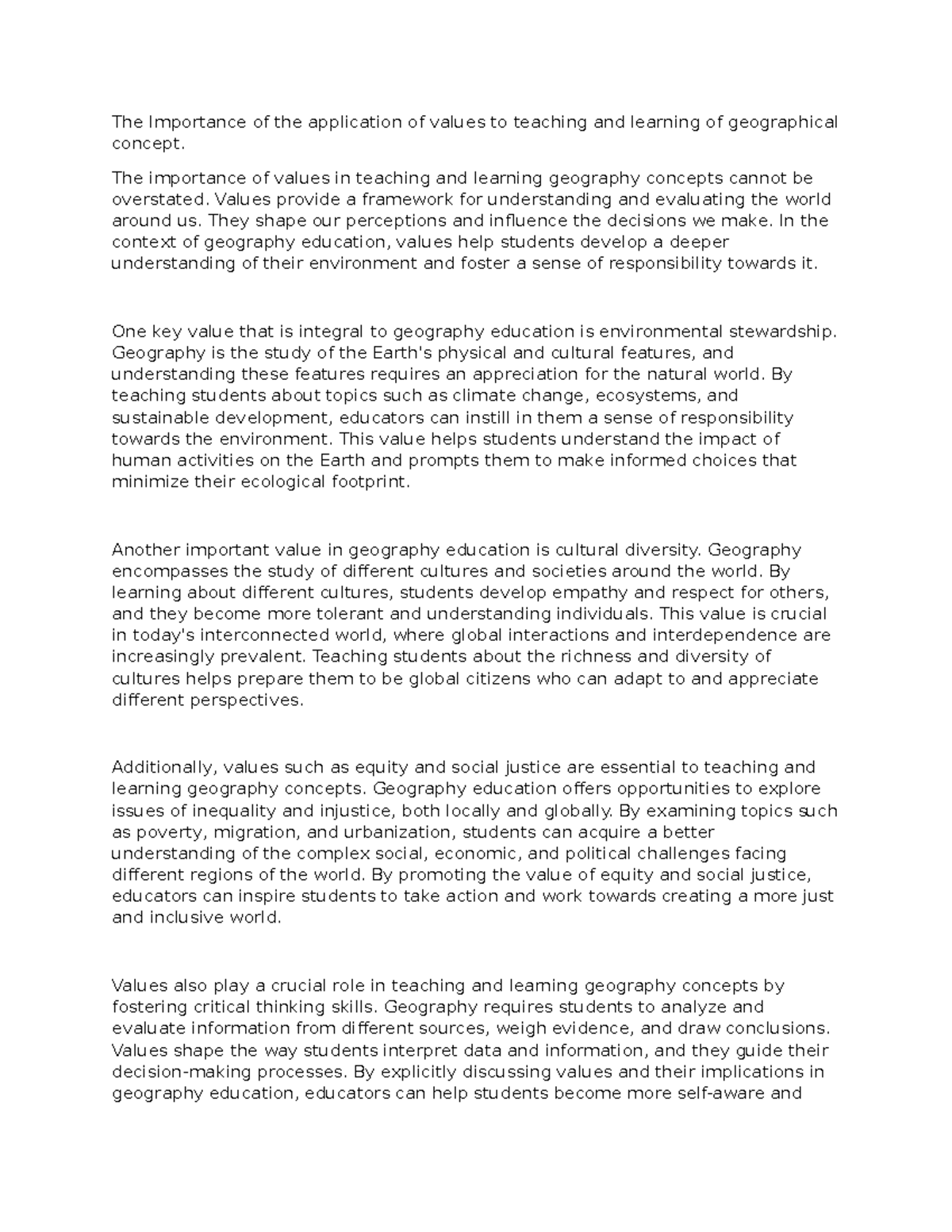 Geo essay information - The Importance of the application of values to ...