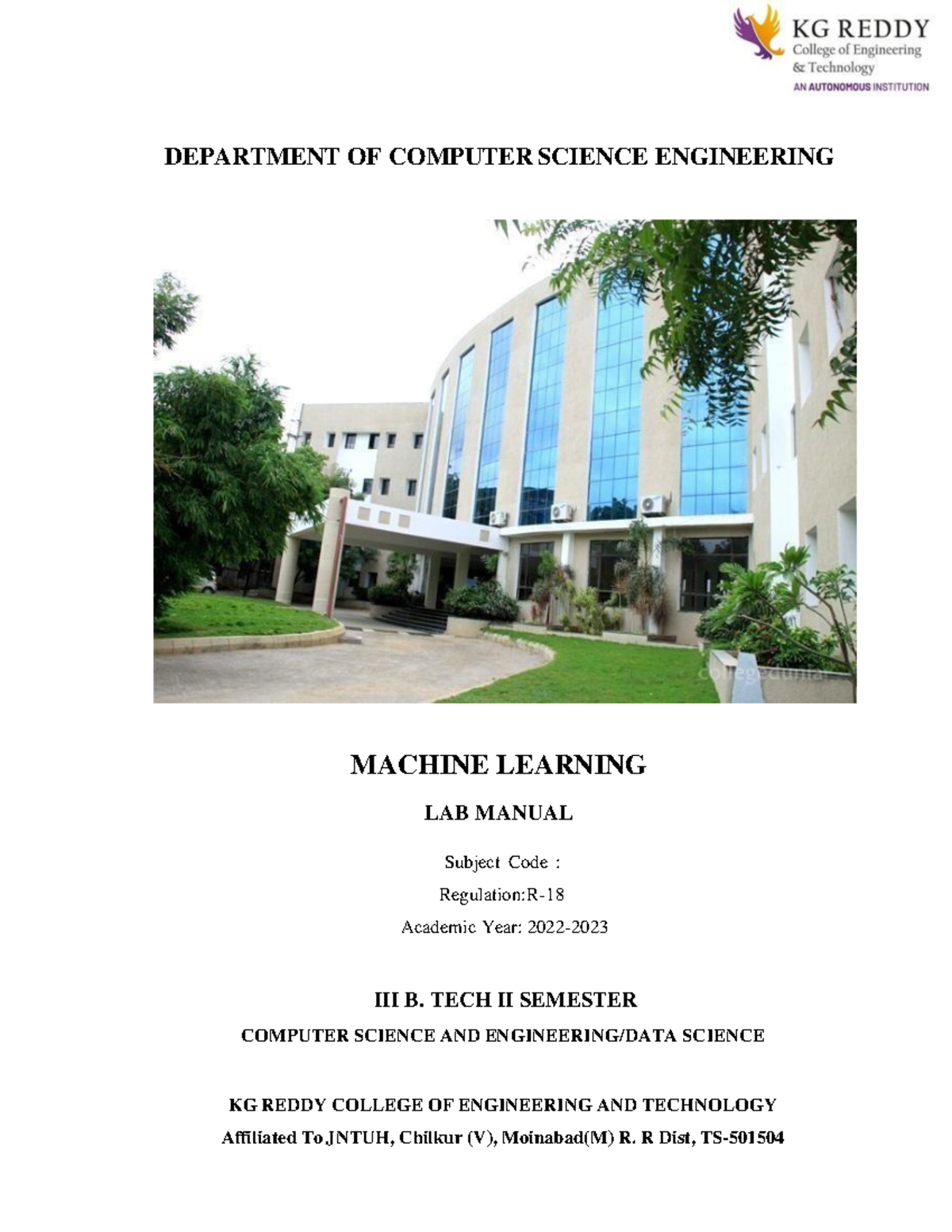 MACHINE LEARNING LAB MANUAL - R-18 (2022-23) - Studocu