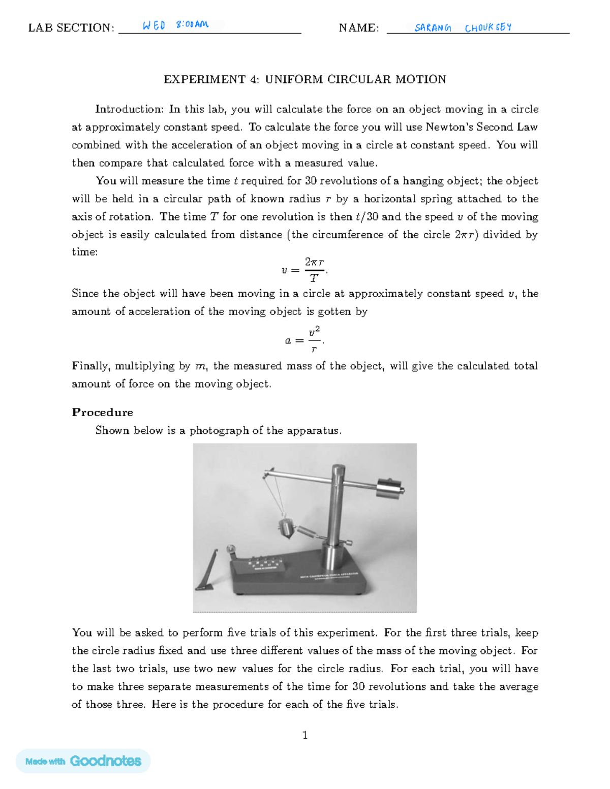LAB4 - Uniform Circular Motion Experiment Notes - Studocu