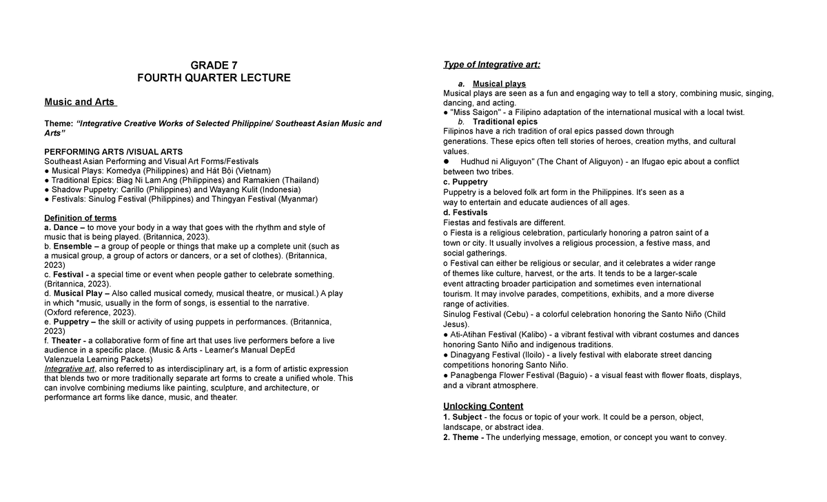 Grade 7 Q4: Lecture on Integrative Creative Works in Music & Arts - Studocu