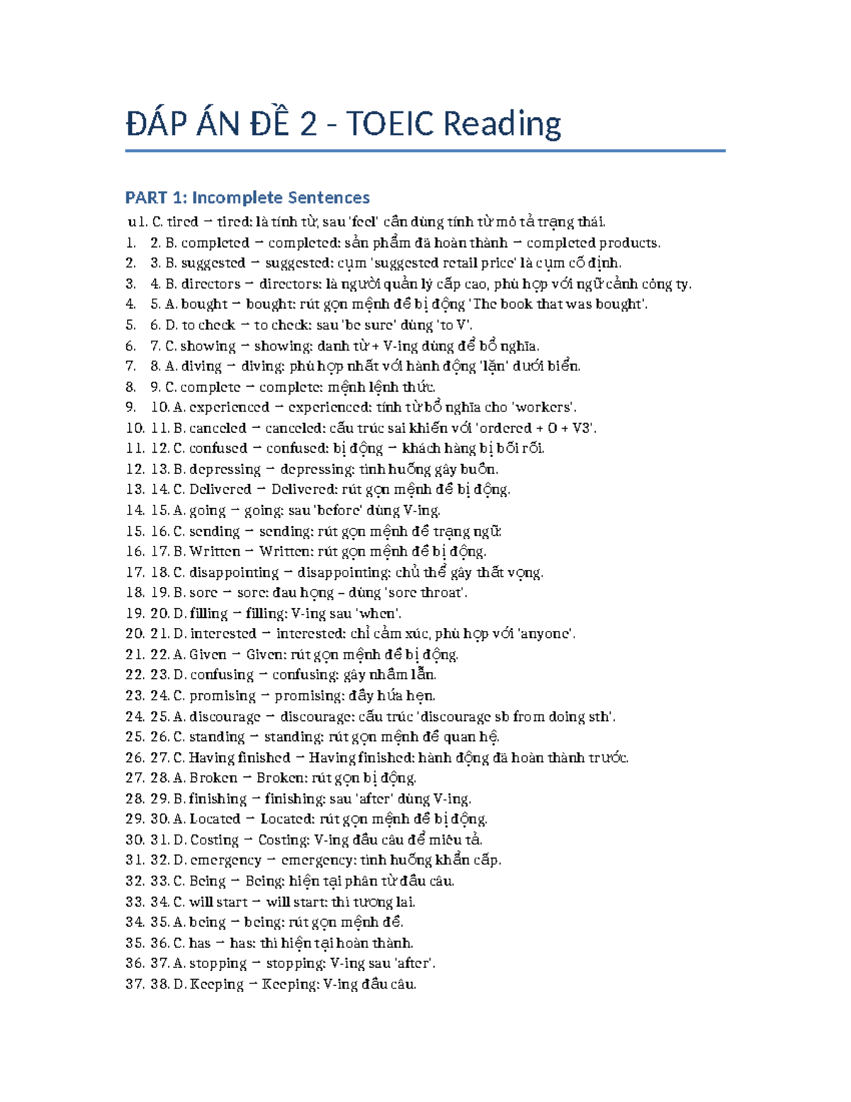ĐÁP ÁN ĐỀ 2 - TOEIC Reading (Phần 1, 2, 3, 4) - Studocu