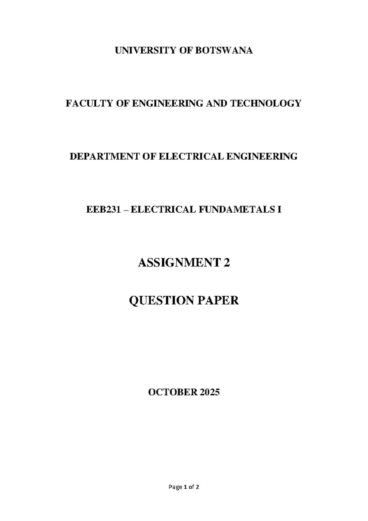 EEB231 Electrical Fundamentals I Assignment 2 Question Paper (2025 ...