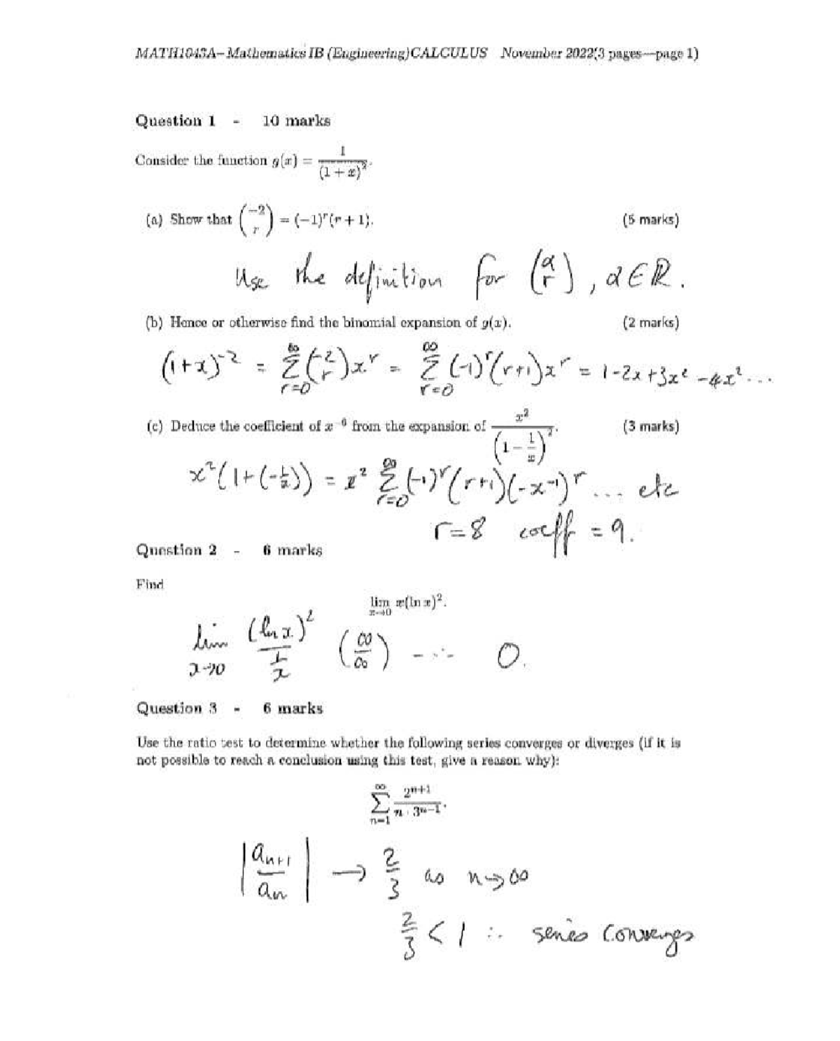 MATH1043 A Calculus Final Exam November 2022 - Studocu