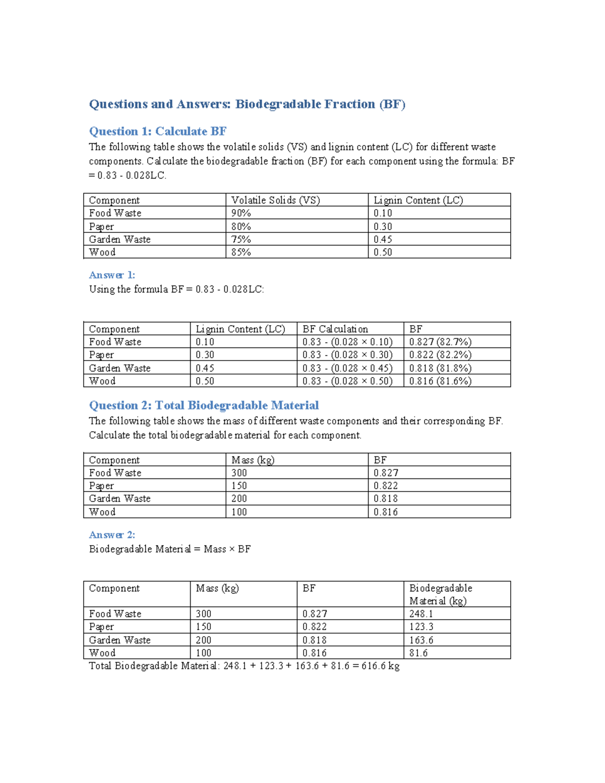 Biodegradable Fraction Calculations: Q&A for BF Analysis - Studocu