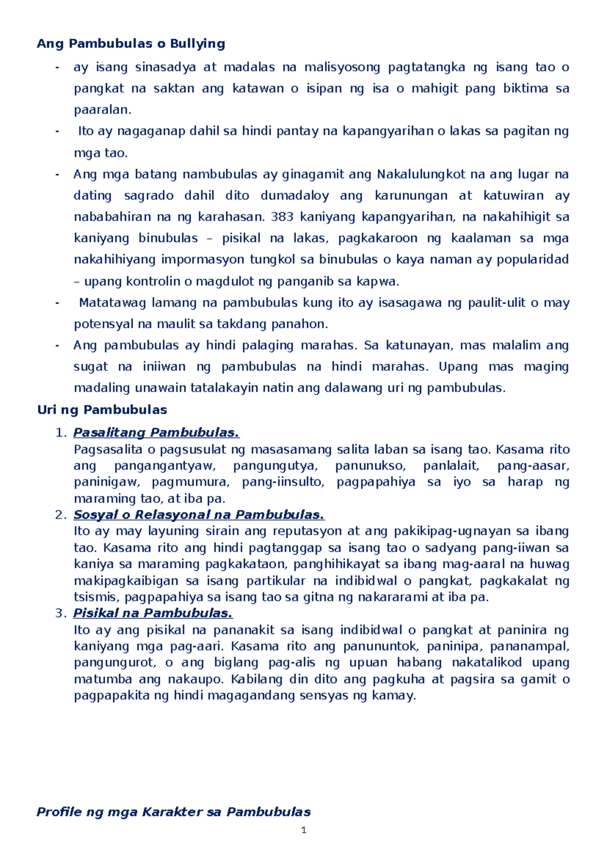 Ang Pambubulas o Bullying - Ito ay nagaganap dahil sa hindi pantay na ...