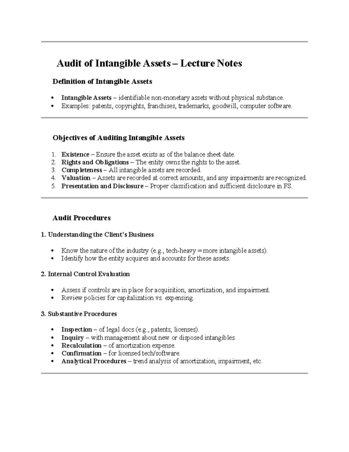 Audit of Intangible Assets - Lecture Notes and Key Procedures - Studocu