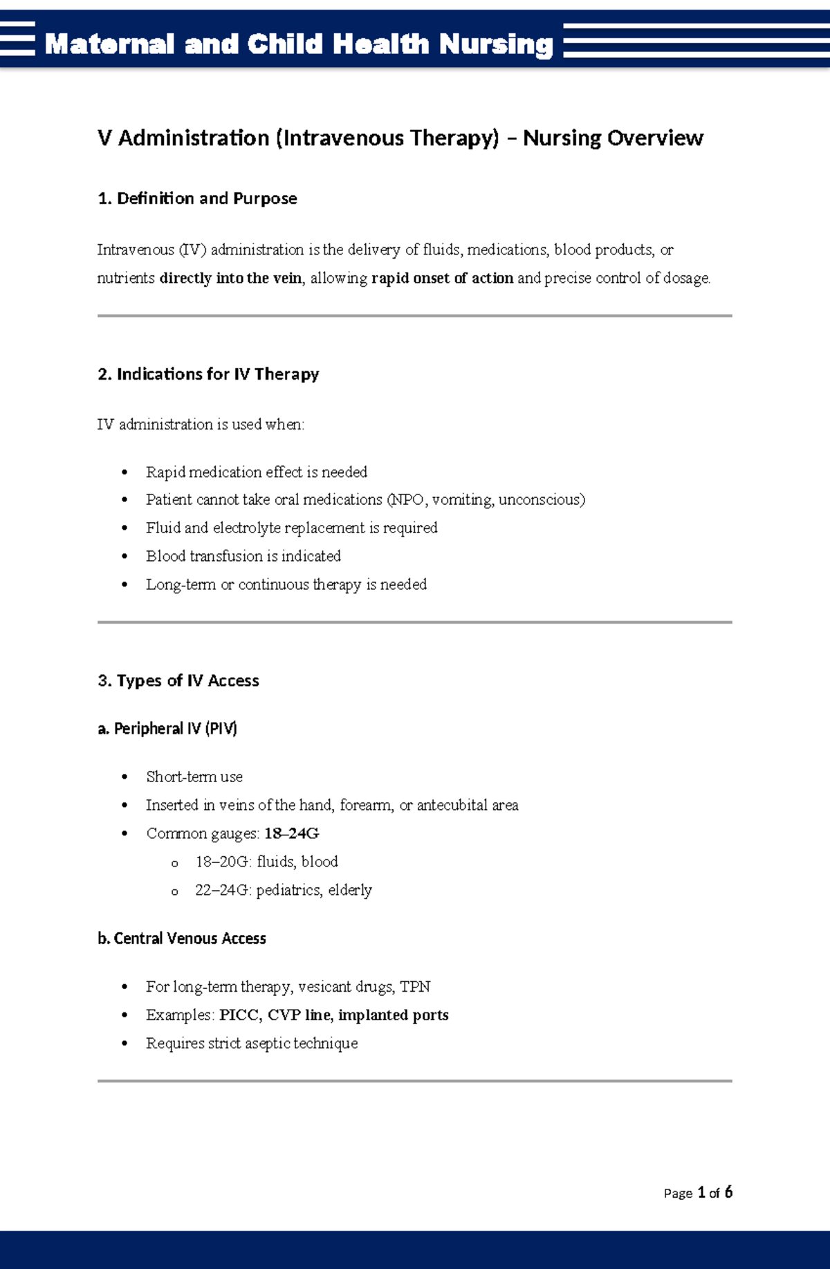 Maternal and Child Health Nursing V: IV Administration Notes - Studocu