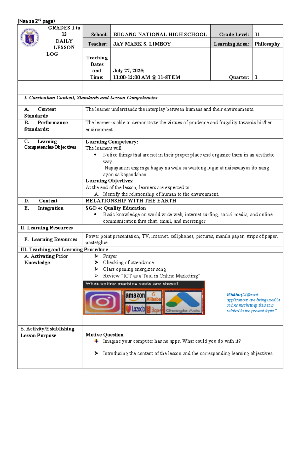COT Sample Lesson Plan: Grade 11 Philosophy Daily Log - Studocu