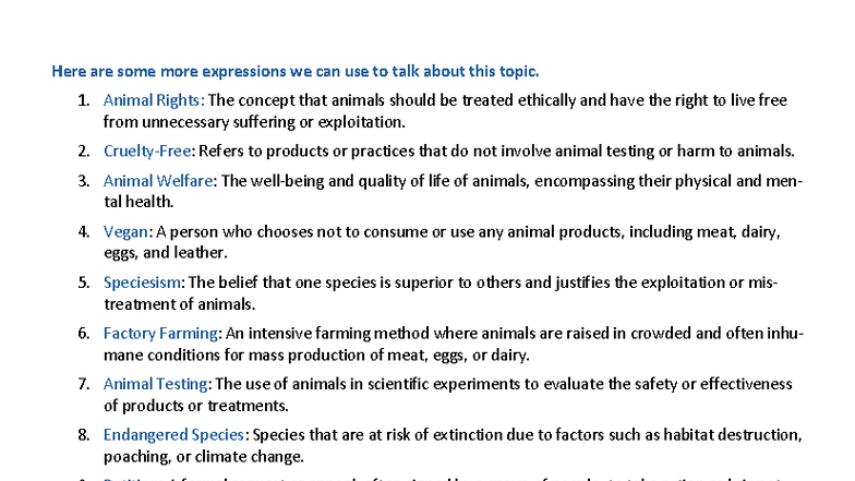 Animal Rights Vocabulary & Discussion Guide (Course Code: AR101) - Studocu